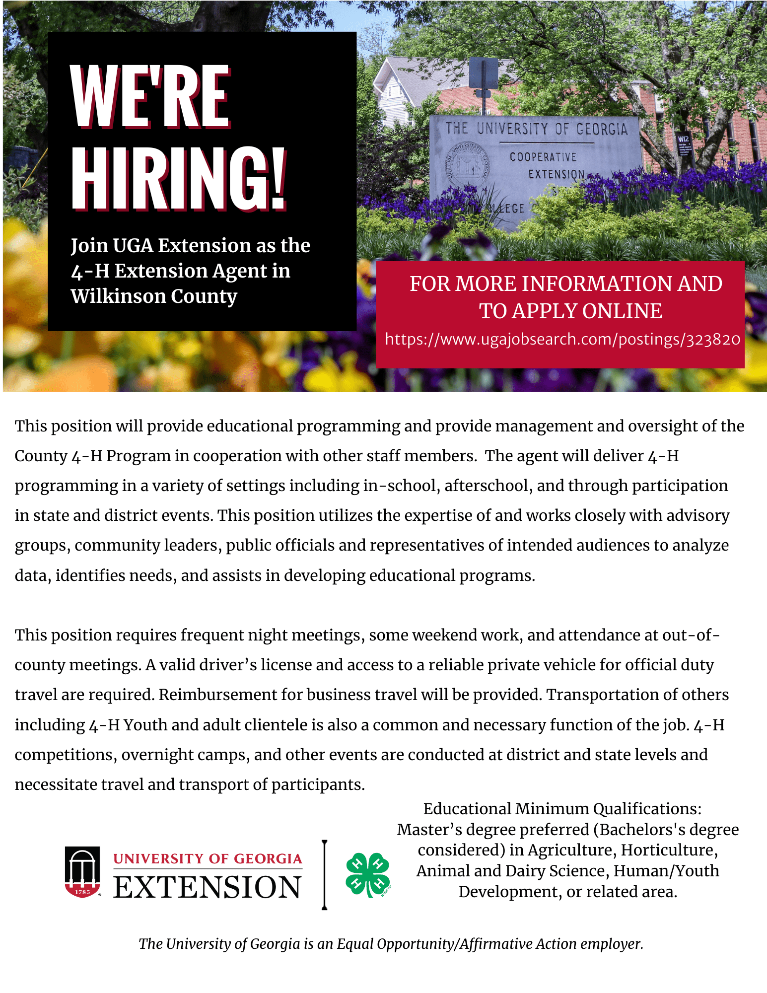 NOTICE: UGA seeking Wilkinson County 4-H Extension Agent – Wilkinson County